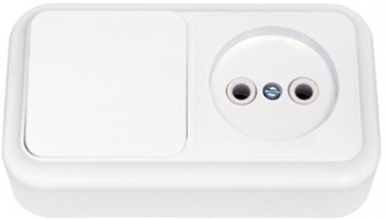 Блок выкл. 1 клав. + розетка (открытая, б/з) белая, Пралеска, BYLECTRICA (В-РЦ-521)