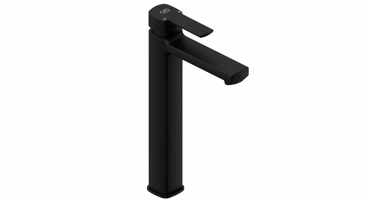 Смеситель для умывальника с высоким изливом без донного клапана MSL160-S PEDRA GPD, цвет - черный матовый/раковина/ванна