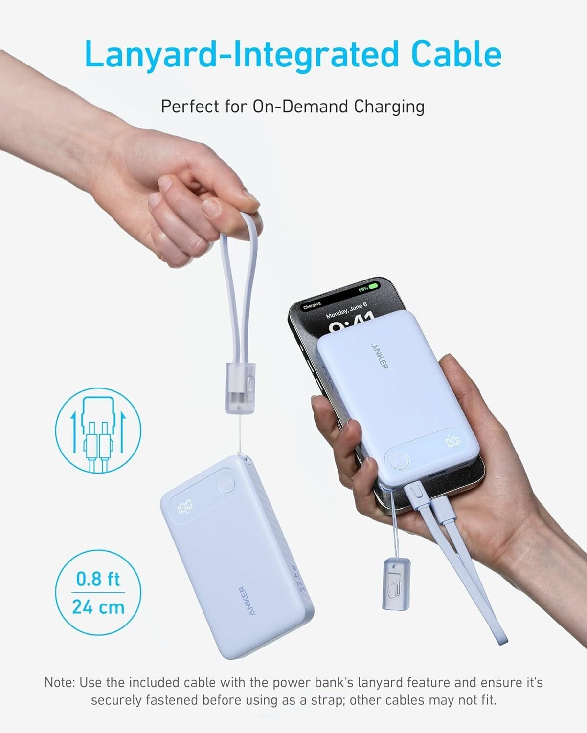 Внешний аккумулятор Anker Power Bank, 10,000mAh Portable Charger with Built-in USB-C Cable and Lanyard, 22.5W - Purple