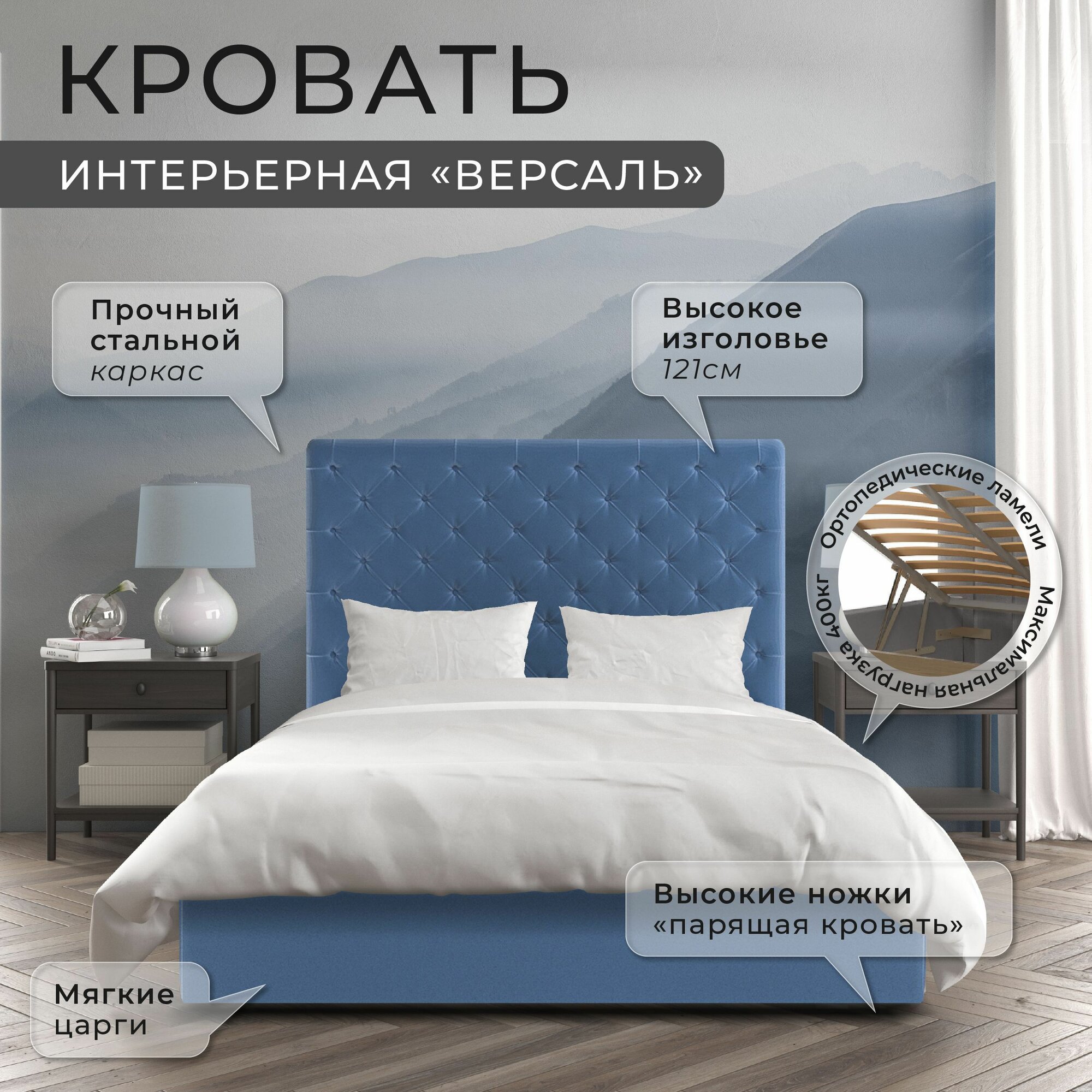 Двуспальная кровать 180х200 Версаль с подъемным механизмом с мягким изголовьем в спальню, ламели усиленные, ящик для белья, светло-синий текстурный велюр фокус- мебельная фабрика