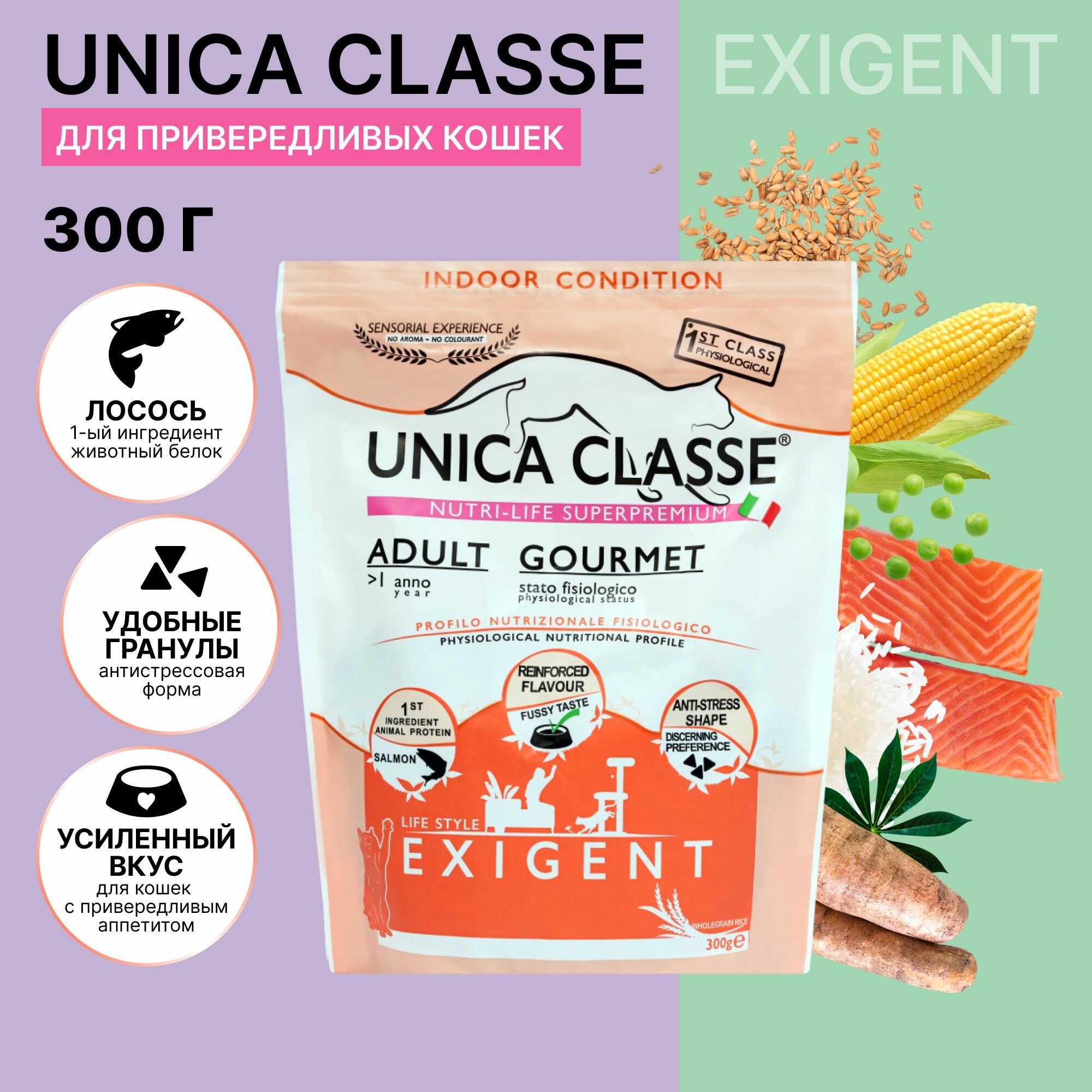 UNICA Adult Gourmet Сухой корм для привередливых взрослых кошек, с лососем, 300 гр.