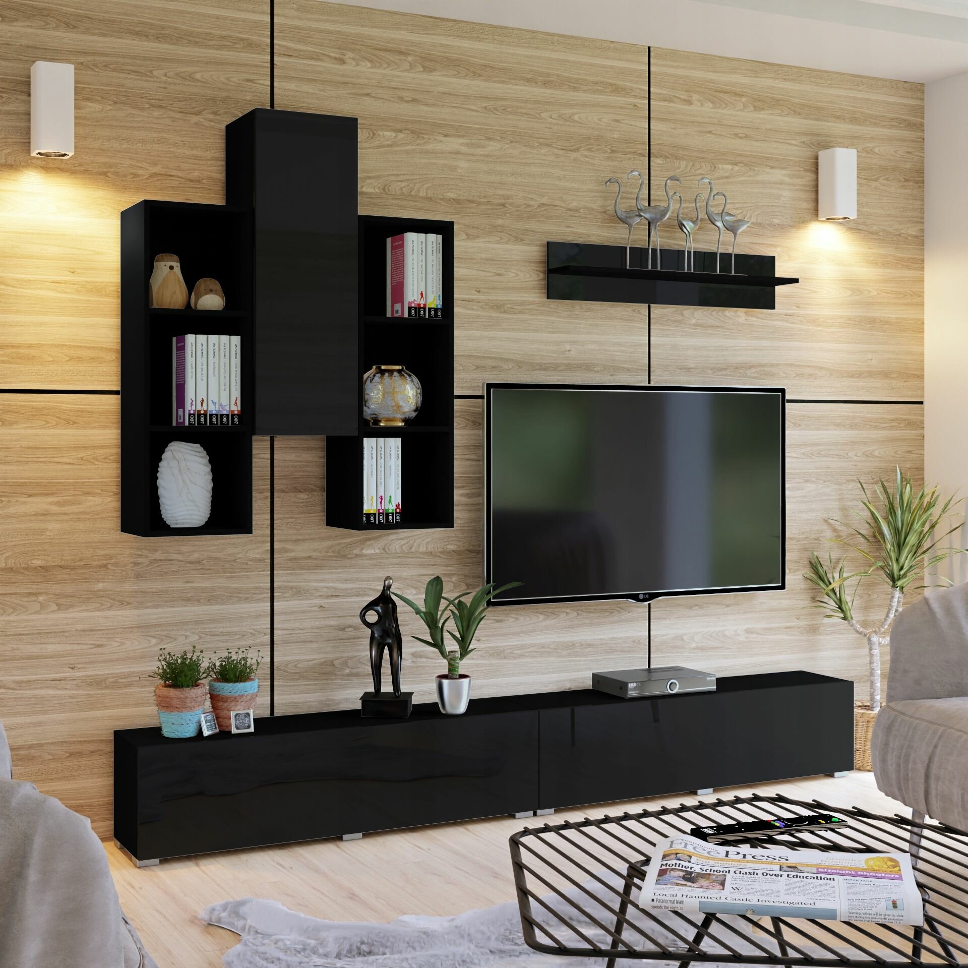 Стенка в гостиную "Равенна 11" 280х200х320, черный / черный глянец