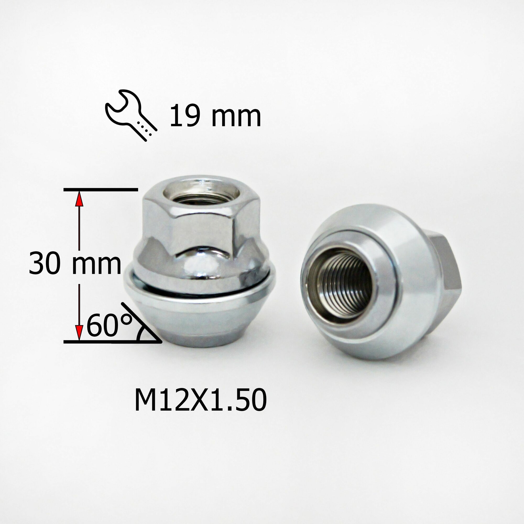 Гайка колесная M12х1,5 Конус, вращающийся, высота 30мм, открытая, ключ 19мм, Хром. Форд