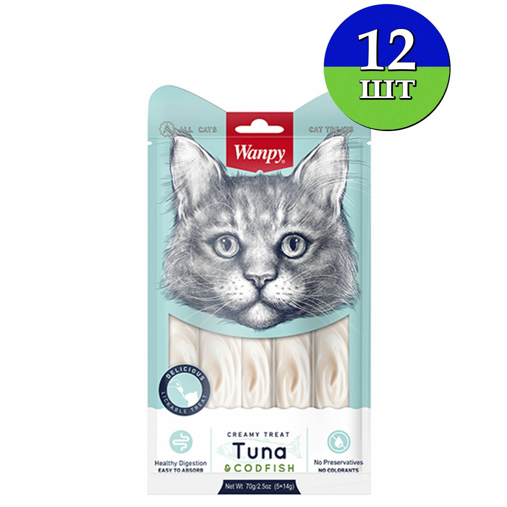 Лакомство для кошек Wanpy Нежное пюре из тунца и трески, 840 гр (70 гр х 12 шт)