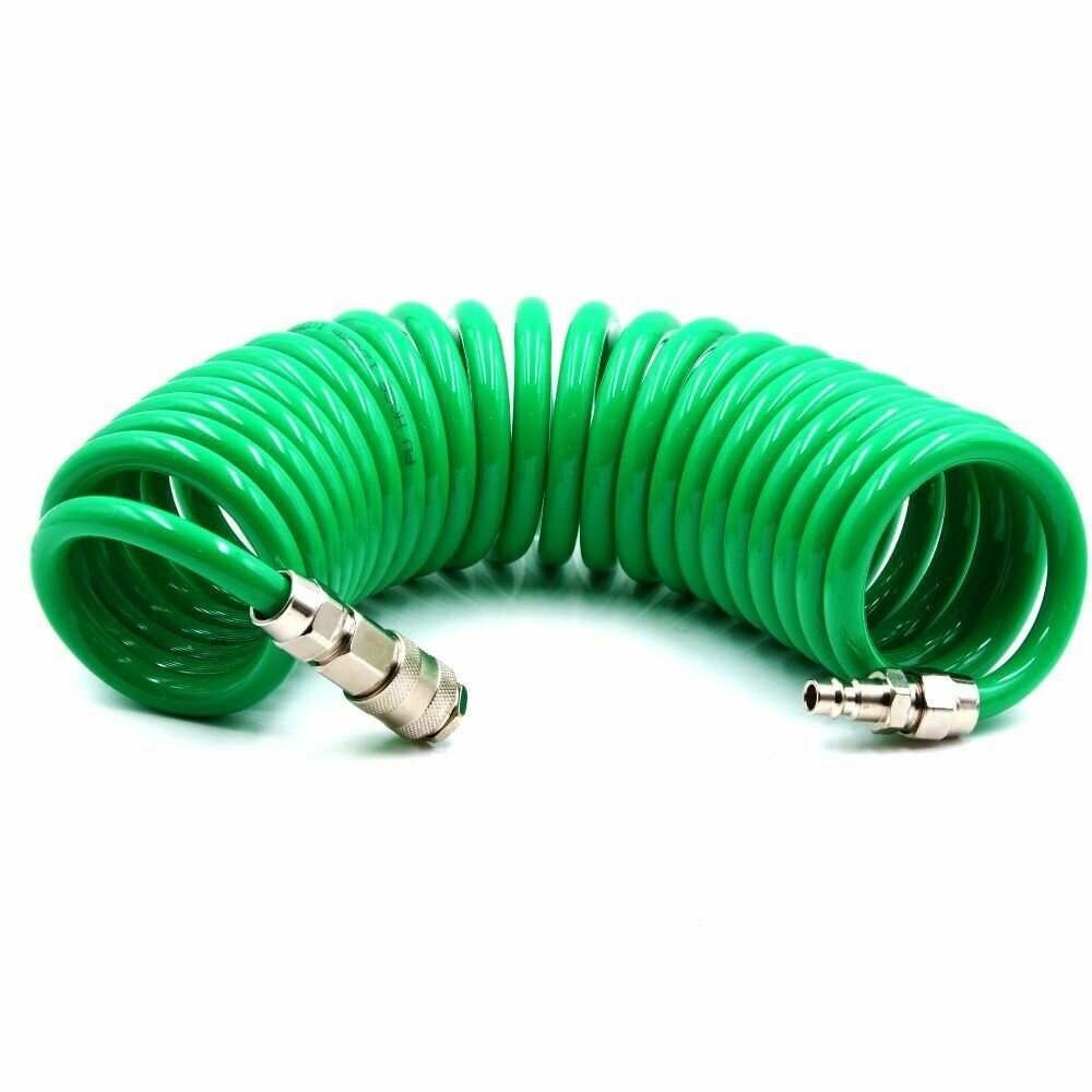 Шланг HQ-AH05-1012GREEN пневматический полиуретановый спиральный, 10м, 8х12 мм, быстросъем рапид для компрессора и пневмоинструмента, 16 атм.