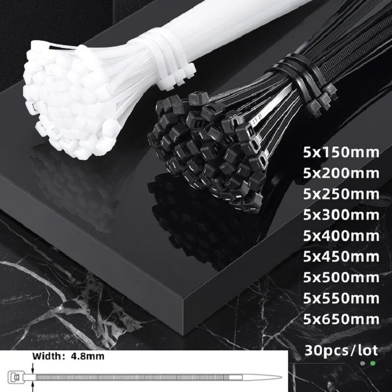 Кабельные стяжки нейлон 5х150-650 мм чёрные белые 30 шт 5x300mm, White