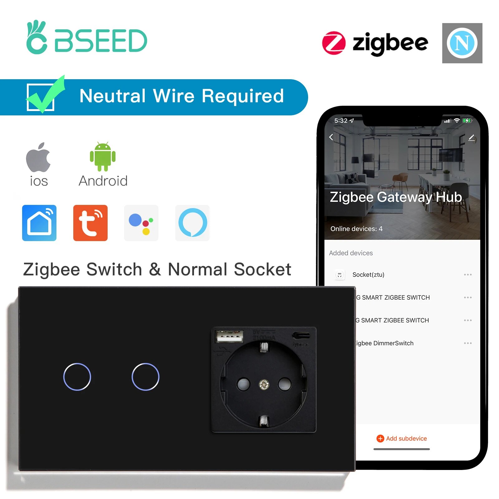 Сенсорные выключатели BSEED ZigBee 1/2/3 клавиши USB 2Gang Type-c Black