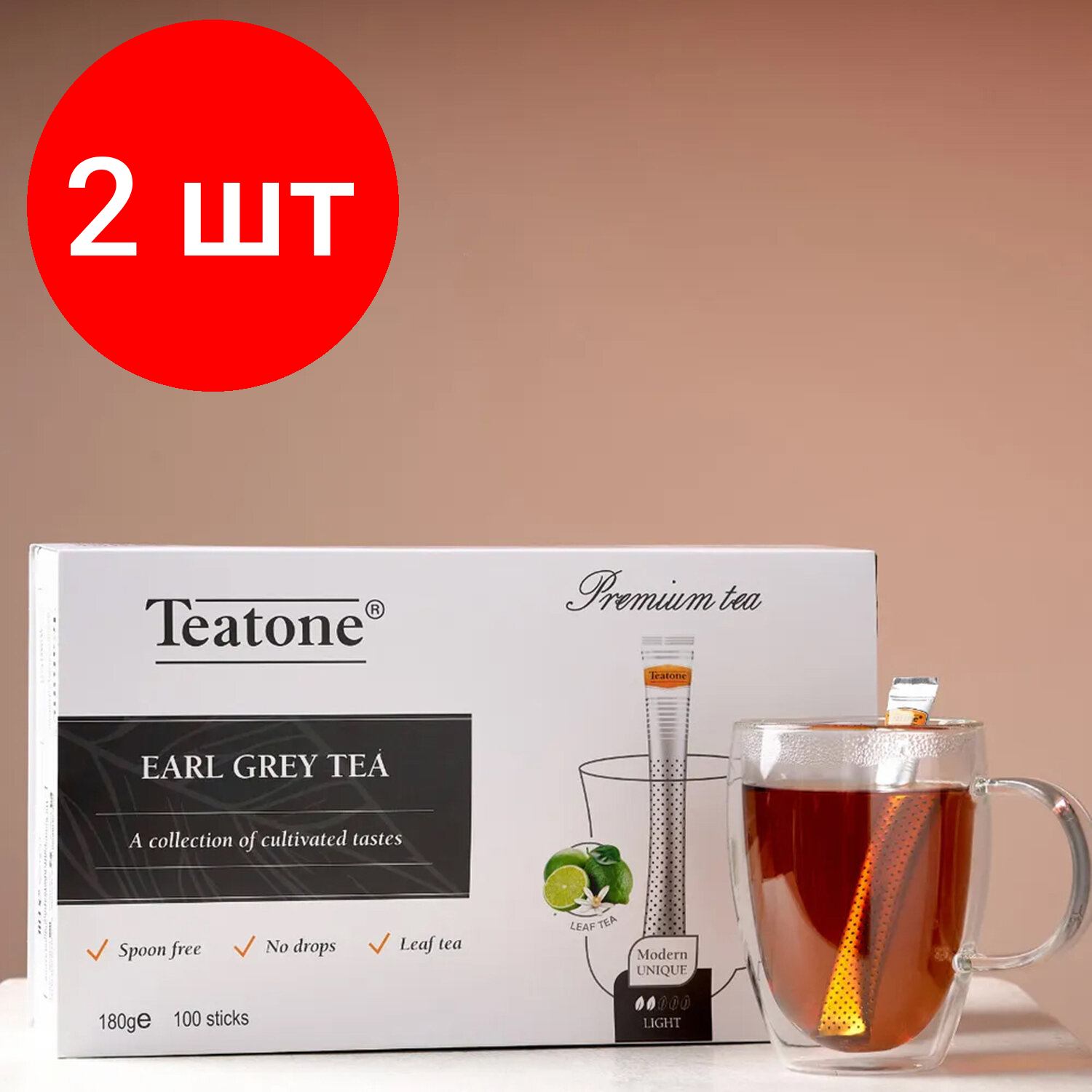 Комплект 2 шт, Чай TEATONE, черный с ароматом бергамота, 100 стиков по 1.8 г, картонная коробка, 64