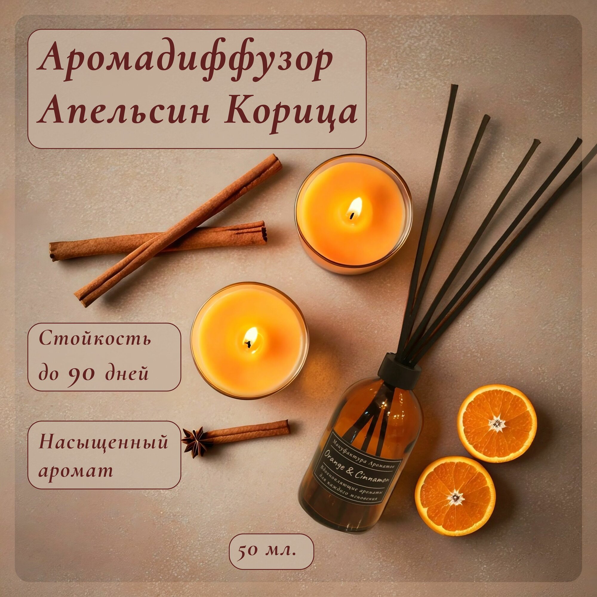 Ароматический диффузор с палочками для дома Апельсин и корица