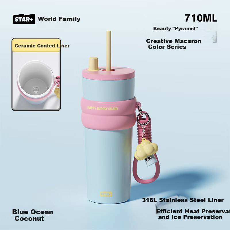 World's Best Insulated Cup, Stylish Stainless Steel Water Bottle for Women and Students, Large Capacity Portable Straw Cup, Ocean Blue Coconut 710ml