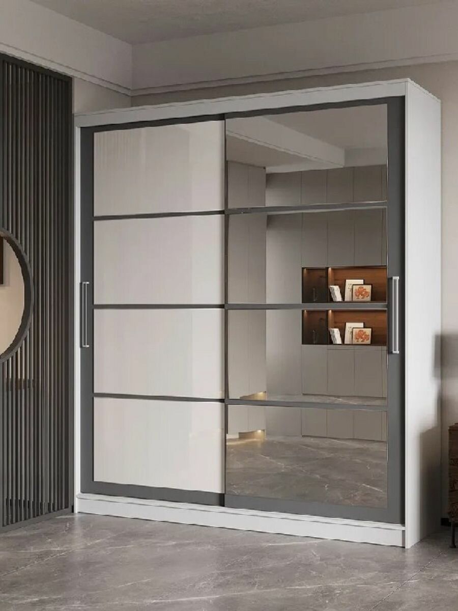 Шкаф-купе гранд ЛДСП 1,6м белый/ графит лакобель с зеркалом