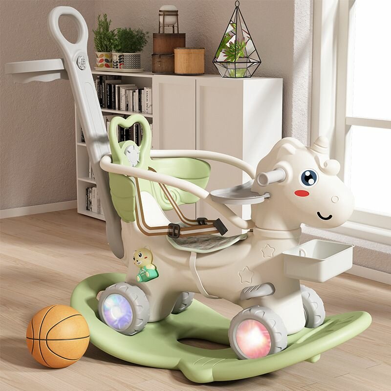 Лошадка-качалка, детская коляска-качалка 2 в 1 со светящимися колесами