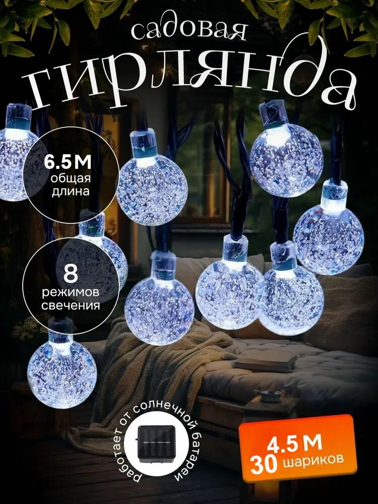 Электрогирлянда уличная Конусная Светодиодная 30 ламп, 6.5 м, питание Солнечная батарея, 1 шт на солнечной батарее 30 светодиодных ламп