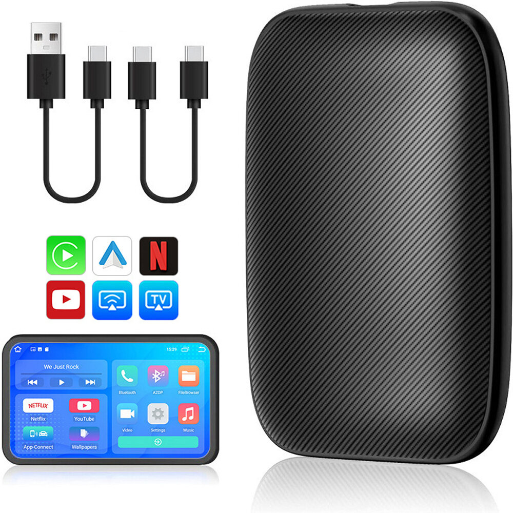 Автомобильный беспроводной адаптер Playbox на базе Android с 4 ядрами, Bluetooth 5.0 и поддержкой 5G Wi-Fi, совместимый с автомобильными аксессуарами.