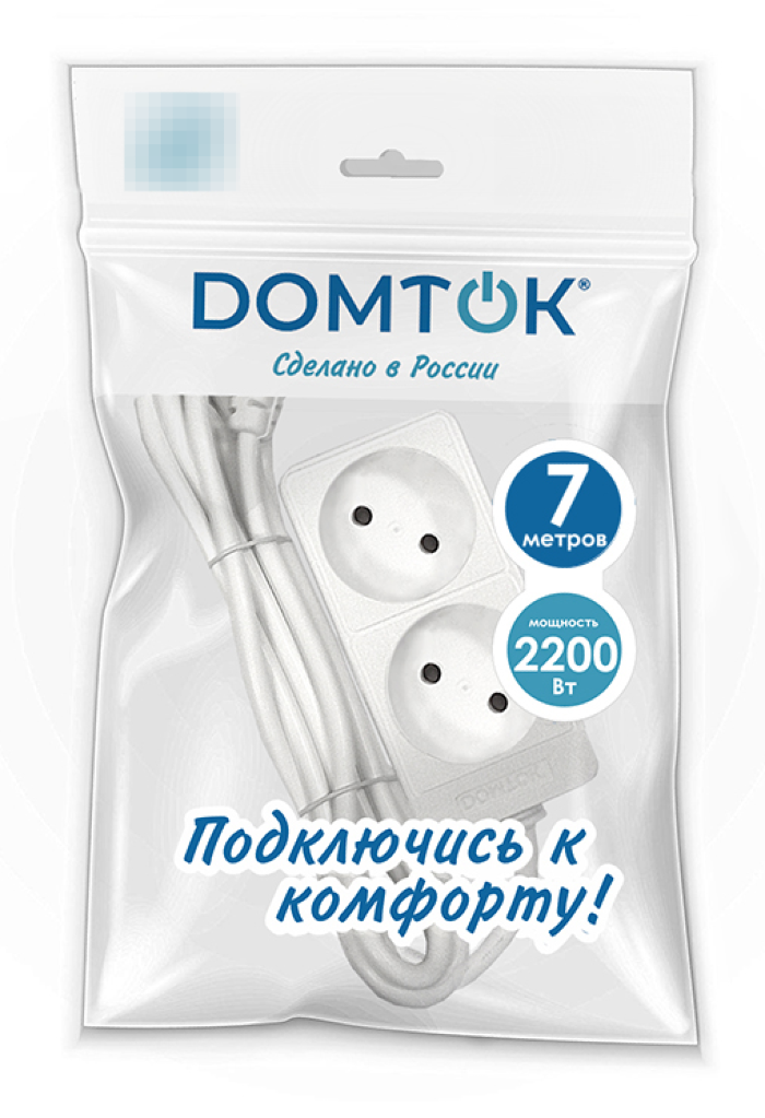 Удлинитель бытовой DOMTOK / Домток без заземления, IP20, 7 метров, 2 розетки белый 2348