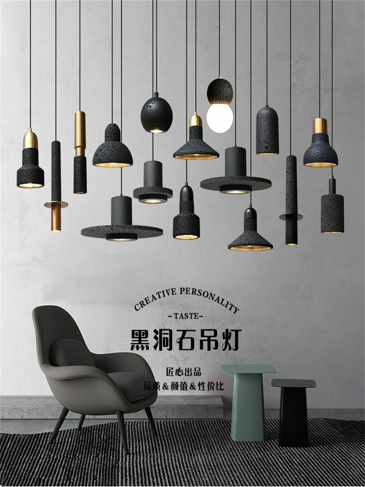 Люстра, черная, с цементным абажуром, кронштейн из кованого железа, подходит для барной стойки и спальни