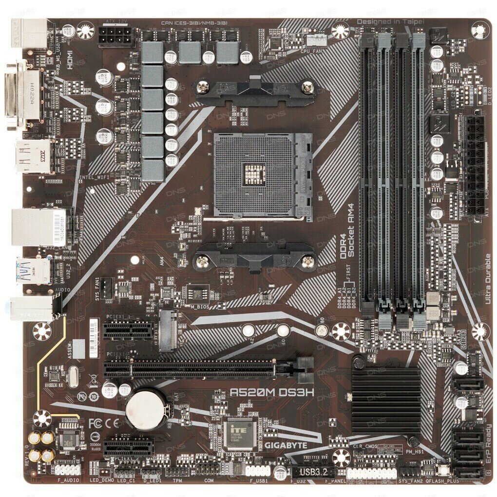 Материнская плата GIGABYTE A520M DS3H (A520M DS3H) - AM4, AMD A520, 4хDDR4-3200 МГц, 1хPCI-Ex16, 1хM.2, Micro-ATX