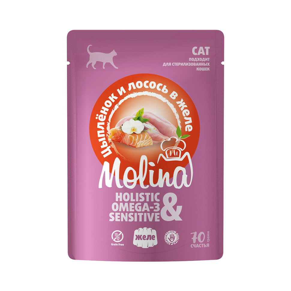 Влажный дополнительный корм Molina для взрослых кошек с цыпленком и лососем в желе, в паучах - 70 г х 12 шт