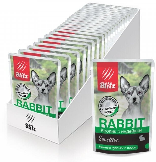 Паучи BLITZ к/кош Sensitive консерв. корм Кролик&Индейка STERIL кусочки в соусе, 85гр (24 штуки)