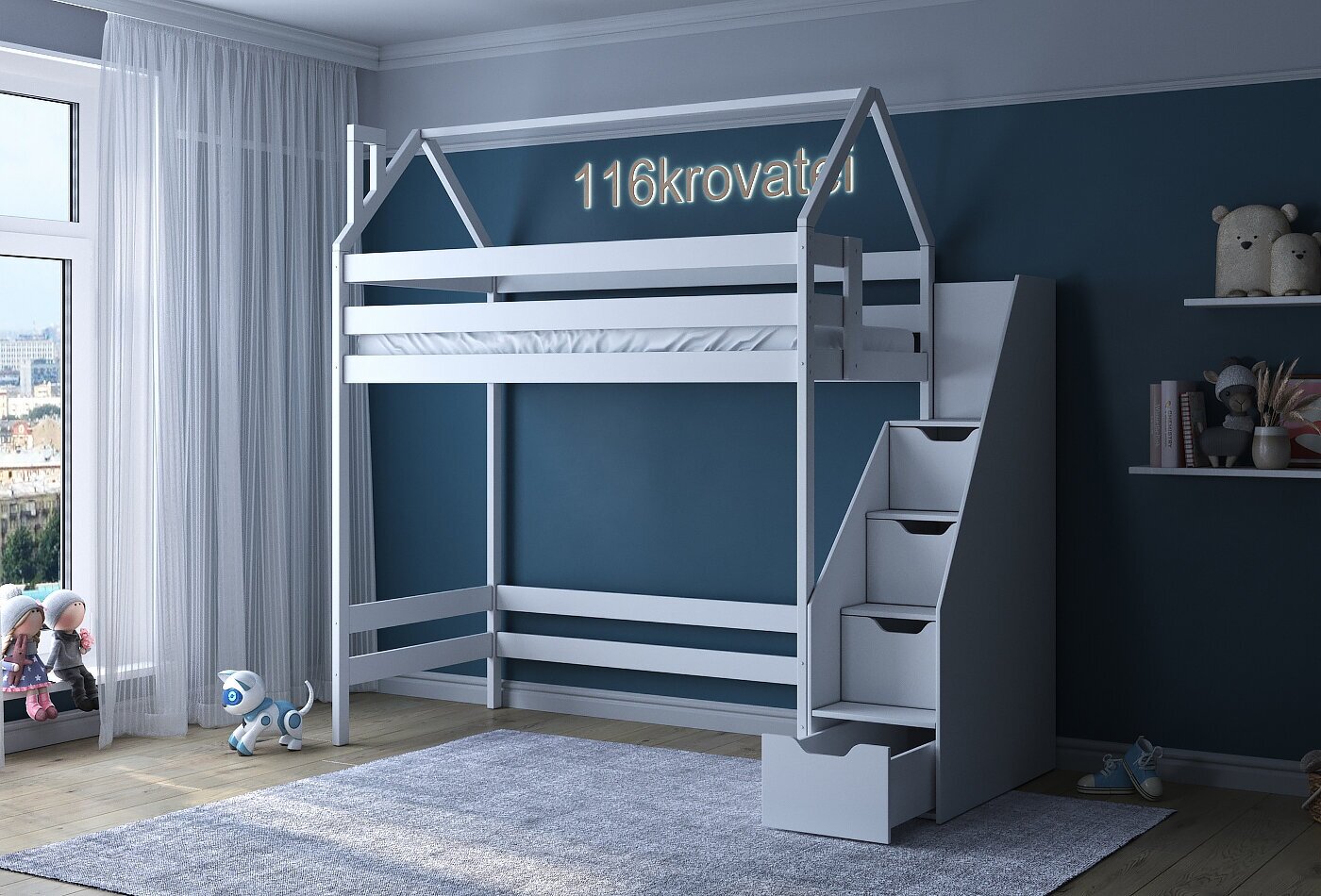 Кровать-чердак с крышей и комодом 160*80 белая