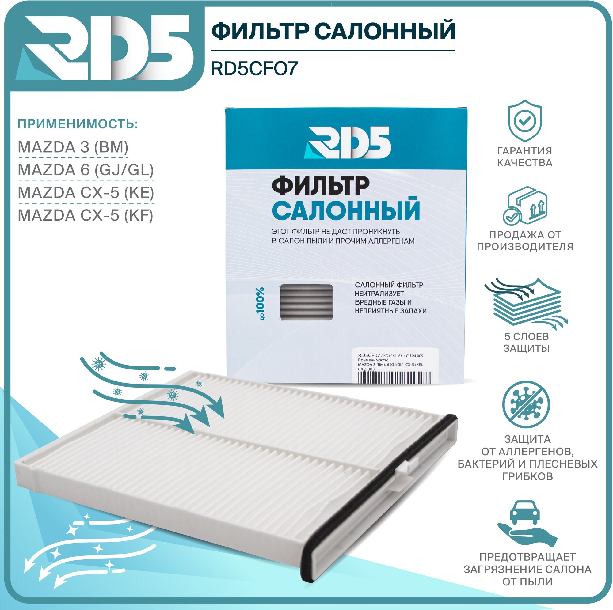 Фильтр салонный RD5 MAZDA 3 (BM) MAZDA 6 (GJ/GL) MAZDA CX-5 (KE, KF), OEM KD4561J6X