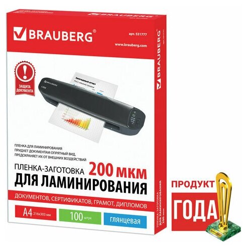Пленки-заготовки для ламинирования, А4, комплект 100 шт, 200 мкм, BRAUBERG