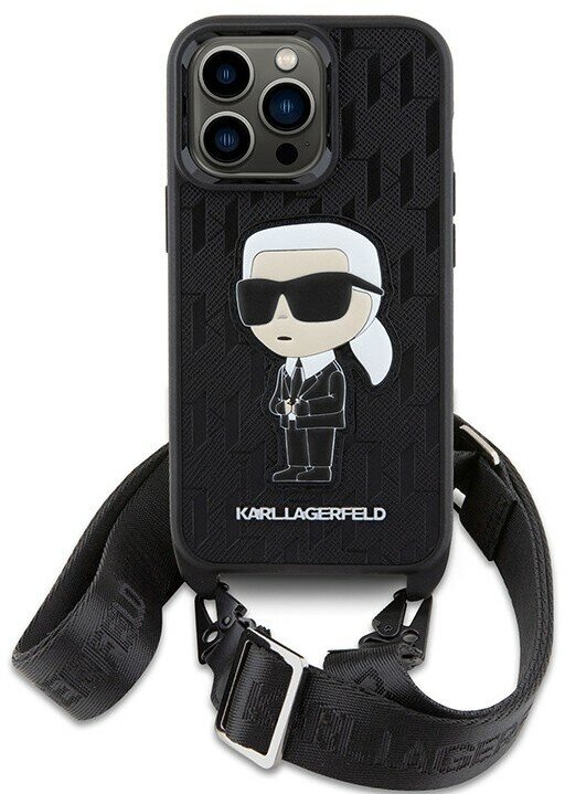 Lagerfeld для iPhone 13 Pro Max чехол Crossbody PU Monogram NFT Karl Ikonik with Strap Hard Black