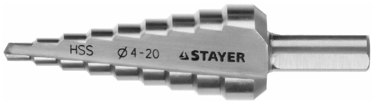 Ступенчатое сверло STAYER 4-20мм 9 ступеней сталь HSS