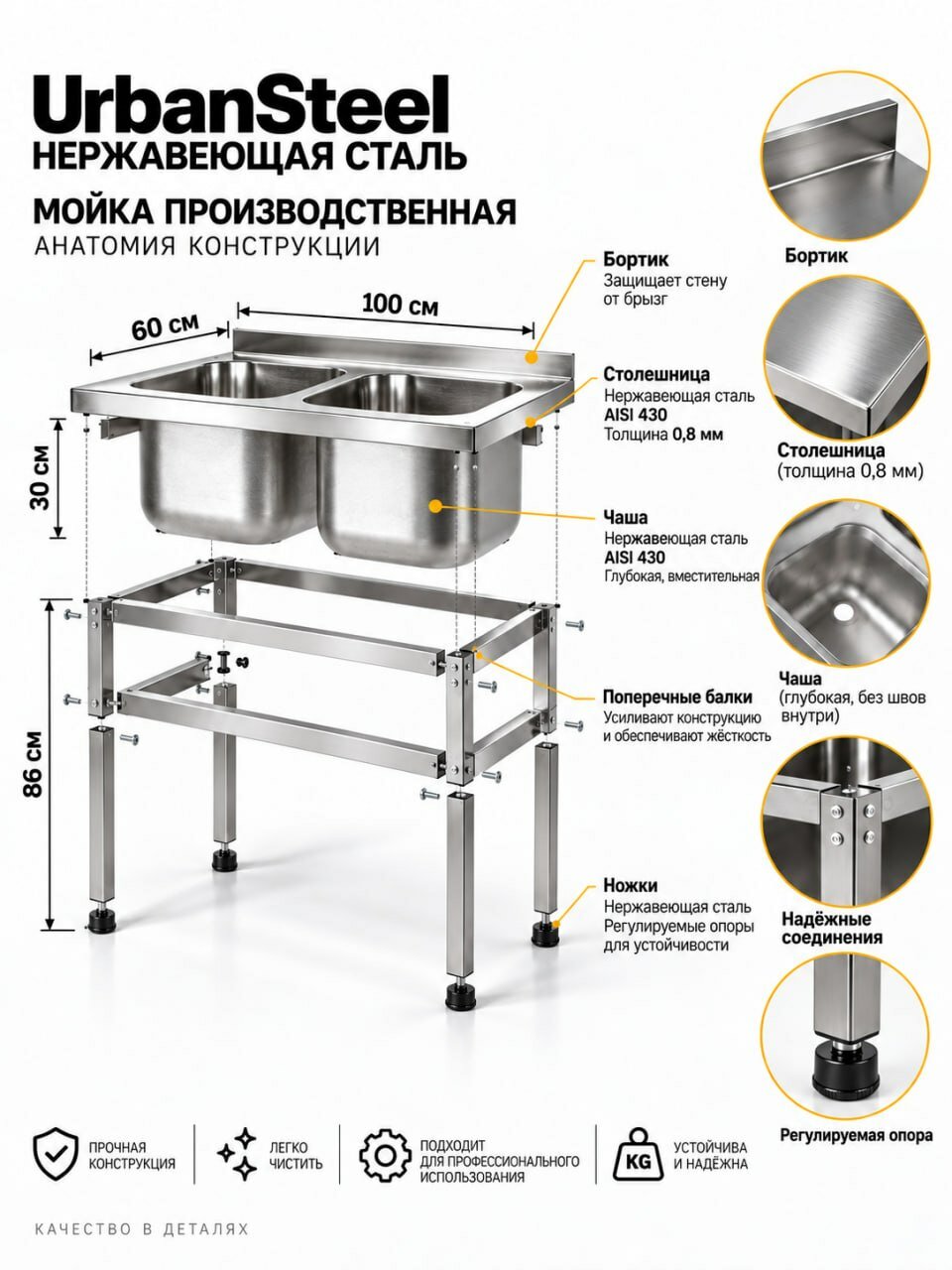 Ванна Моечная, 100*60см, 2 Секции 40*40*30см, Цельнотянутая с Бортом - ВСЯ из Нержавеющей Стали - Мойка с Бортом для Общепита, для Кафе, для Кухни, Универсальная