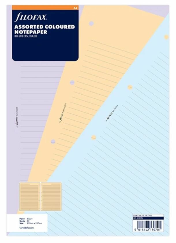 Сменный блок FILOFAX в линейку А4 210х297 на 4 кольца 30 листов 3 цвета 80 г/см2