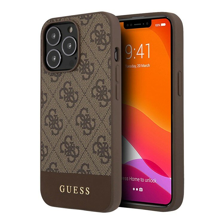 Guess чехол для iPhone 13 Pro Max, PU кожа 4G Bottom stripe Metal logo коричневый