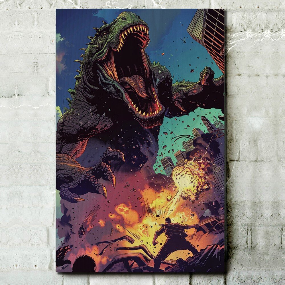 Картина интерьерная на дереве фильм Годзилла (Ящерица в мегаполисе, Кайдзю) - 15620 В