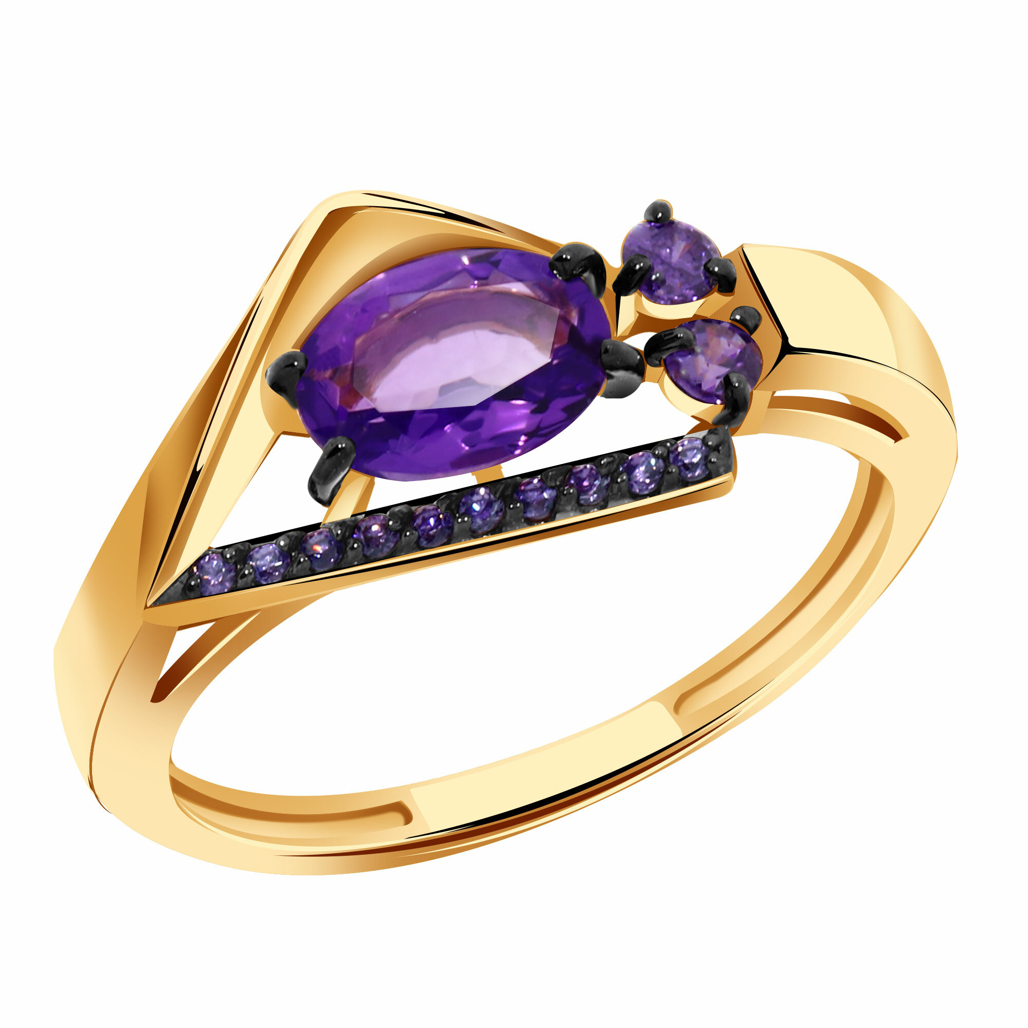 Кольцо, красное золото, 585 проба, аметист, фианит