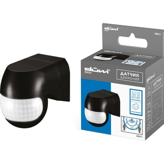 Датчик движения Duwi настенный, DD-03, 180°, 10-900с, 12м, 800Вт, IP44, черный, 25822 3