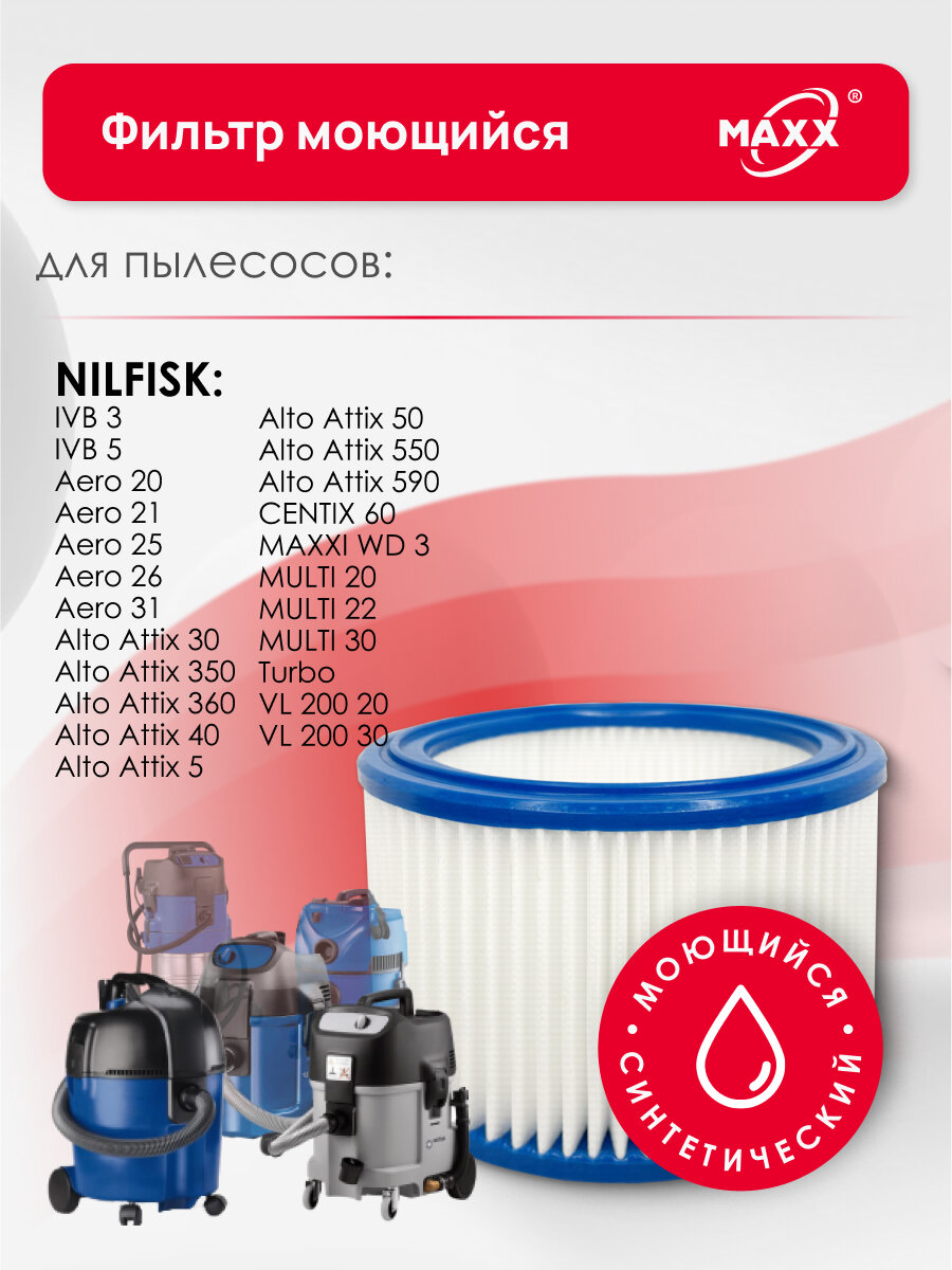 Фильтр MAXX синтетический, моющийся для Nilfisk ATTIX 30 40 50 ATEX-TYPE 22, AERO 21 26 31, ATTIX 3 5 7, IVB 3 SERIES, VL200