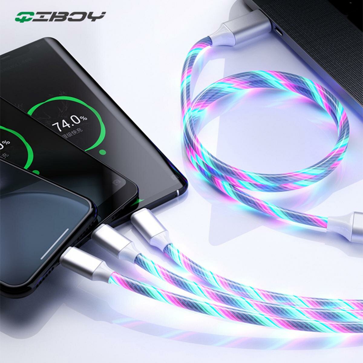 Кабель 3 в 1 USB Type C кабель светящийся 1.2M шнур светодиодная подсветка быстрая зарядка USB Micro зарядный кабель провод для iPhone Samsung