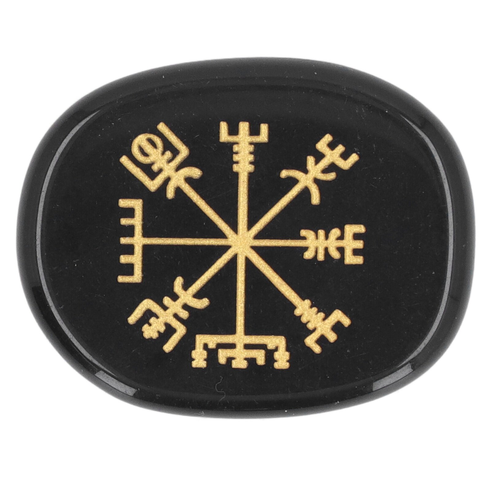 Целебный кристалл с выгравированным символом скандинавских викингов. Плоский овальный символический камень для медитации, исцеления. Черный.