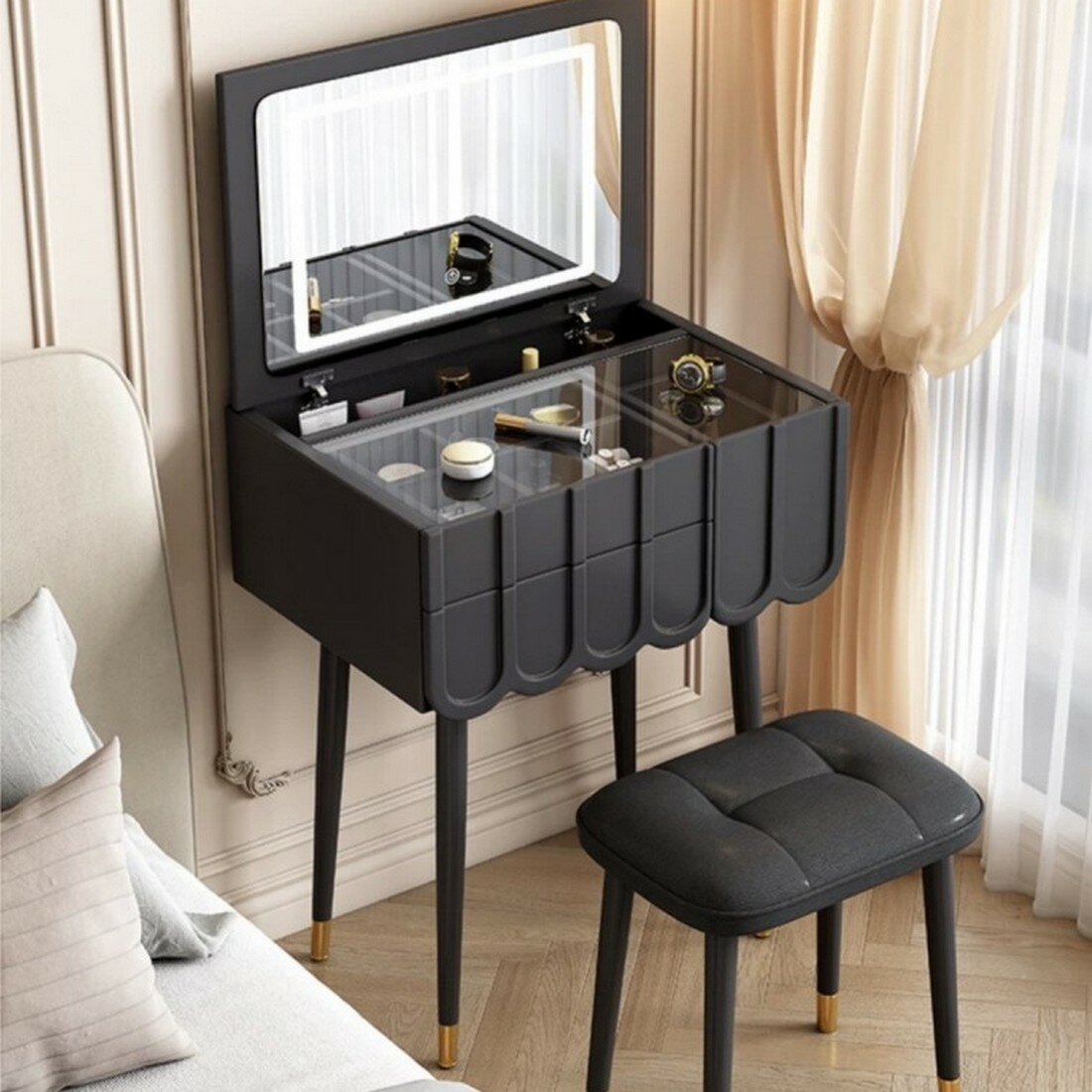 Интерьерный туалетный столик со встроенным зеркалом с подсветкой и стулом Lauren (Комплект столик 2 ящика+ стул /цвет черный / 60см)