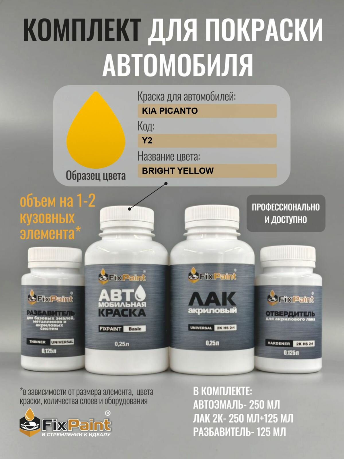 Комплект для покраски KIA PICANTO, код Y2, BRIGHT YELLOW, базовая автомобильная краска 250 мл, лак 2K 250 мл с отвердителем, разбавитель 125 мл, FixPaint Pro