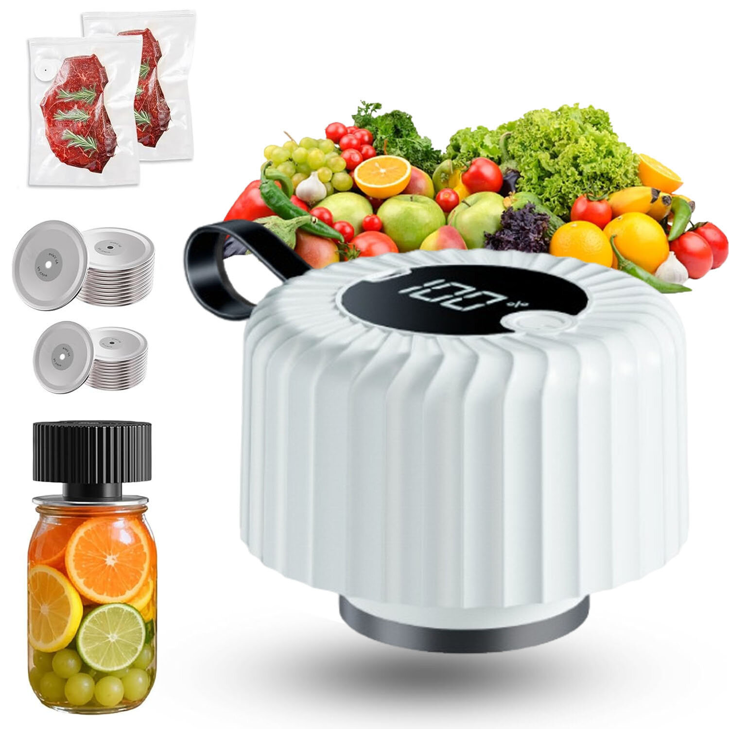 Пневматический герметизатор для банок Mason для внешней торговли, Машина для герметизации банок Mason, Электрический герметизатор для банок Mason, Пневматический насос, 1800mAh, 3.7V, 1.5W, TYPE-C, IPX5, RoHS, FCC, CE, 3.5L, 1 шт. электрический