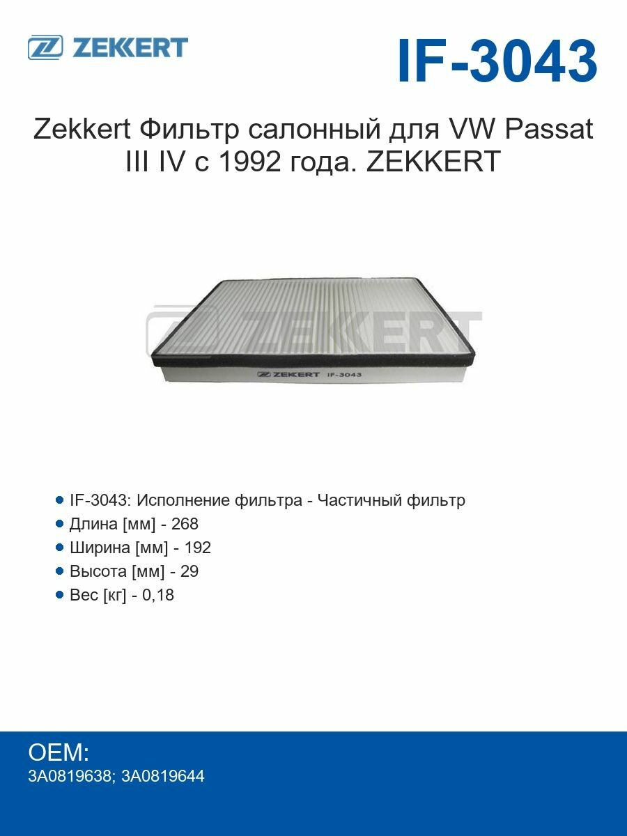 Zekkert Фильтр салонный для VW Passat III IV с 1992 года. ZEKKERT
