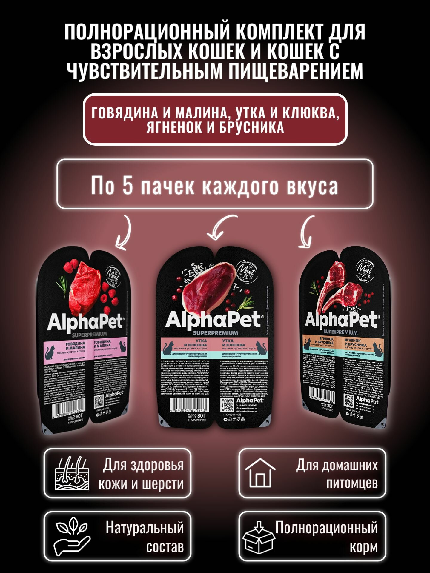 AlphaPet Superpremium / Комплект для взрослых кошек и котов и кошек с чувствительным пищеварением, 3 вкуса (Говядина, Утка, Ягнёнок), 15 шт