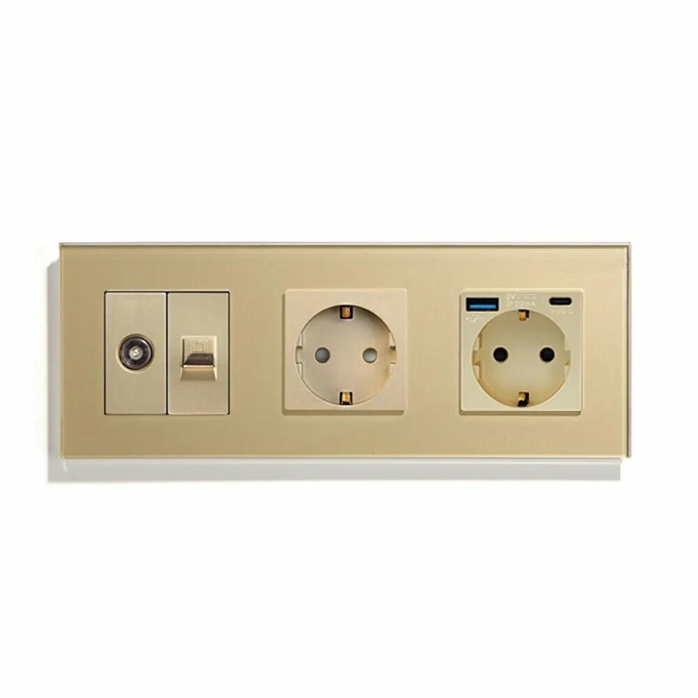 Розетка электрическая 3 поста с USB/Type-C+RJ45 ТВ-Компьютер 220В 16А Стекло Рамка золото
