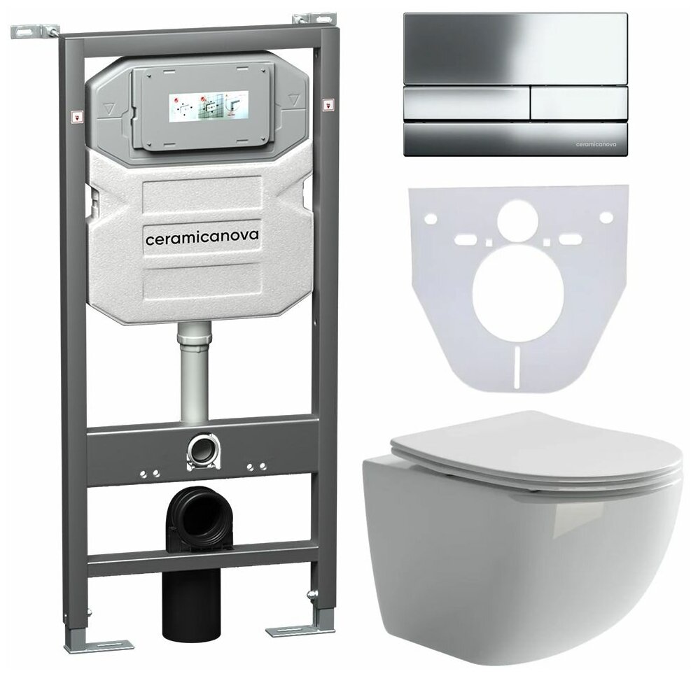 Комплект 4 в 1 Ceramicanova с инсталляцией Envision, безободковым унитазом Play, клавишей Flat хром