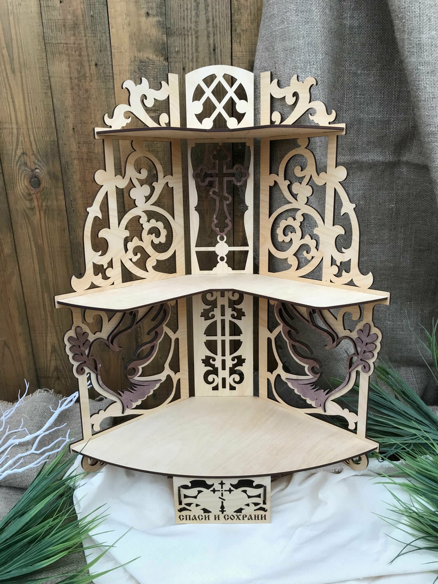 Угловая настенная полка для икон из дерева с полками и ящиком