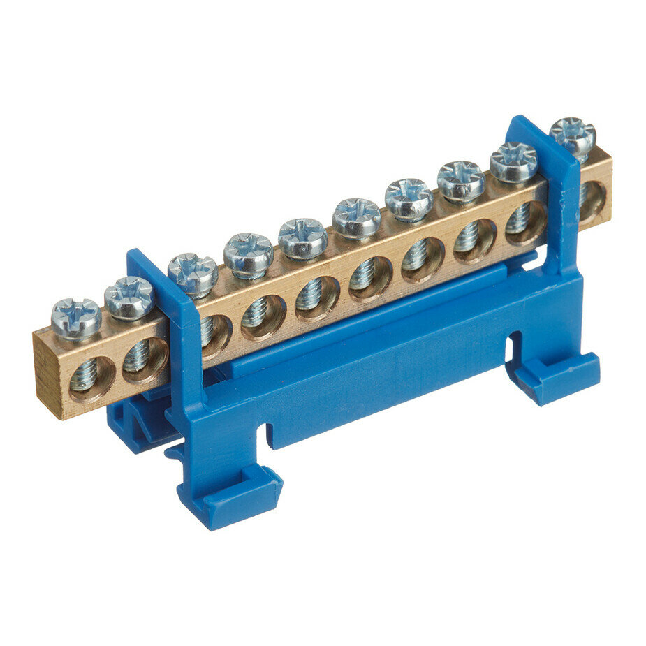 Шина нулевая изолятор Стойка на DIN-рейку 6х9 мм 10 отверстий синяя