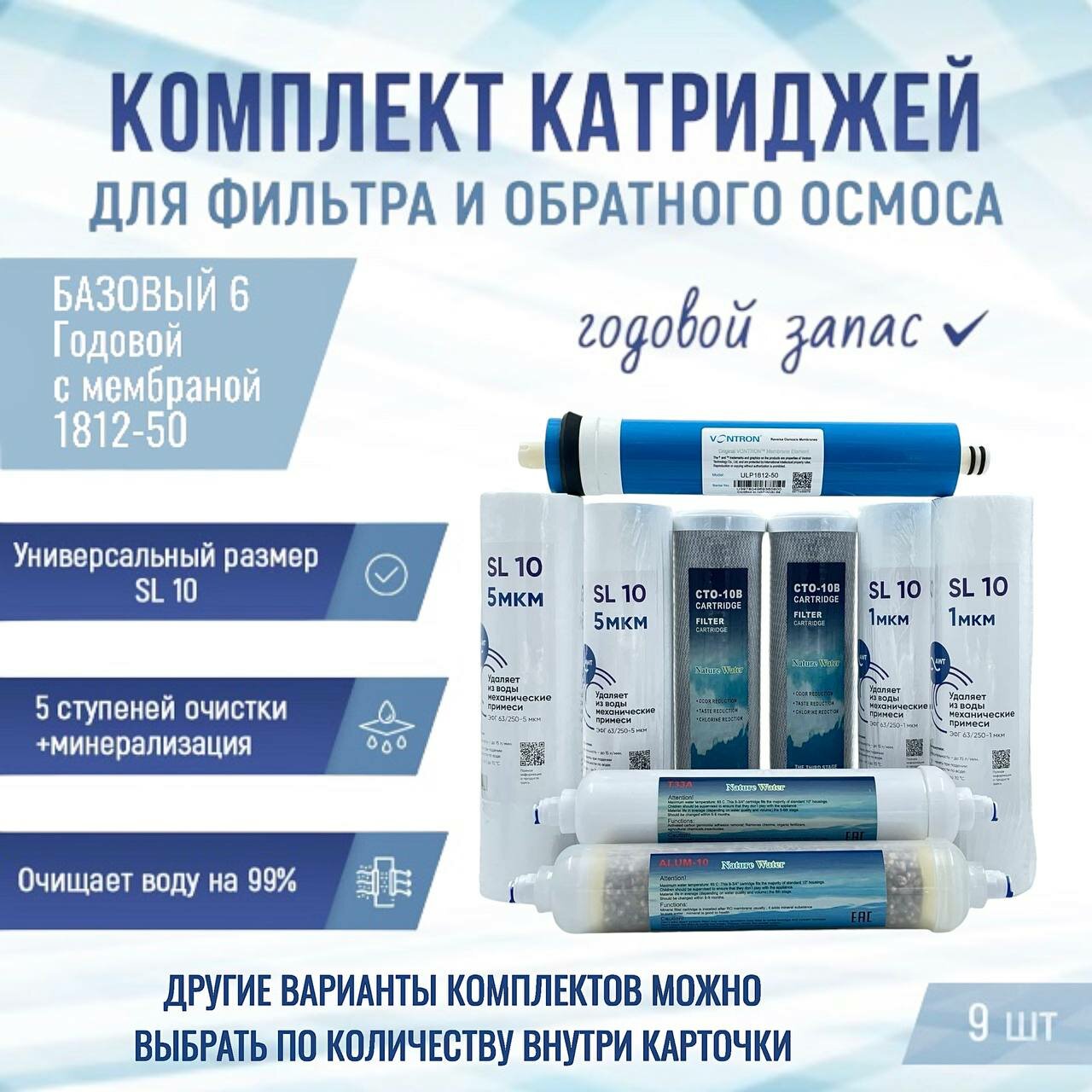 Сменные фильтры, комплект картриджей NatureWater "Базовый 6 годовой" с мембраной 1812-50, совместимы со всеми системами