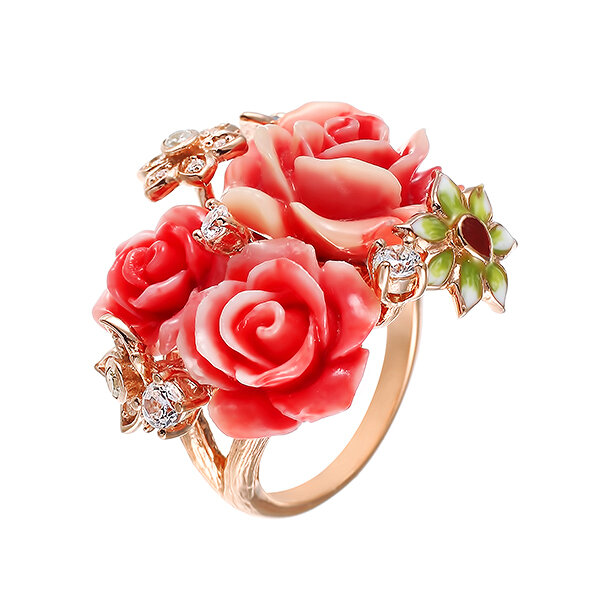 Кольцо, серебро, 925 проба, родирование, золочение, циркон, эмаль, силикон