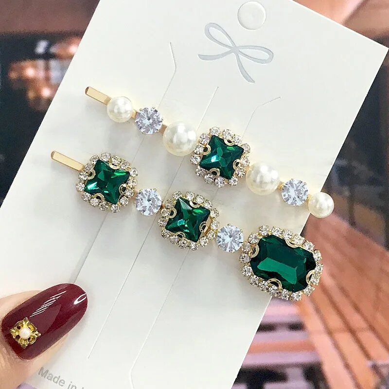 Изумрудные заколки-пряжки с кристаллами и жемчугом S3-2pcs