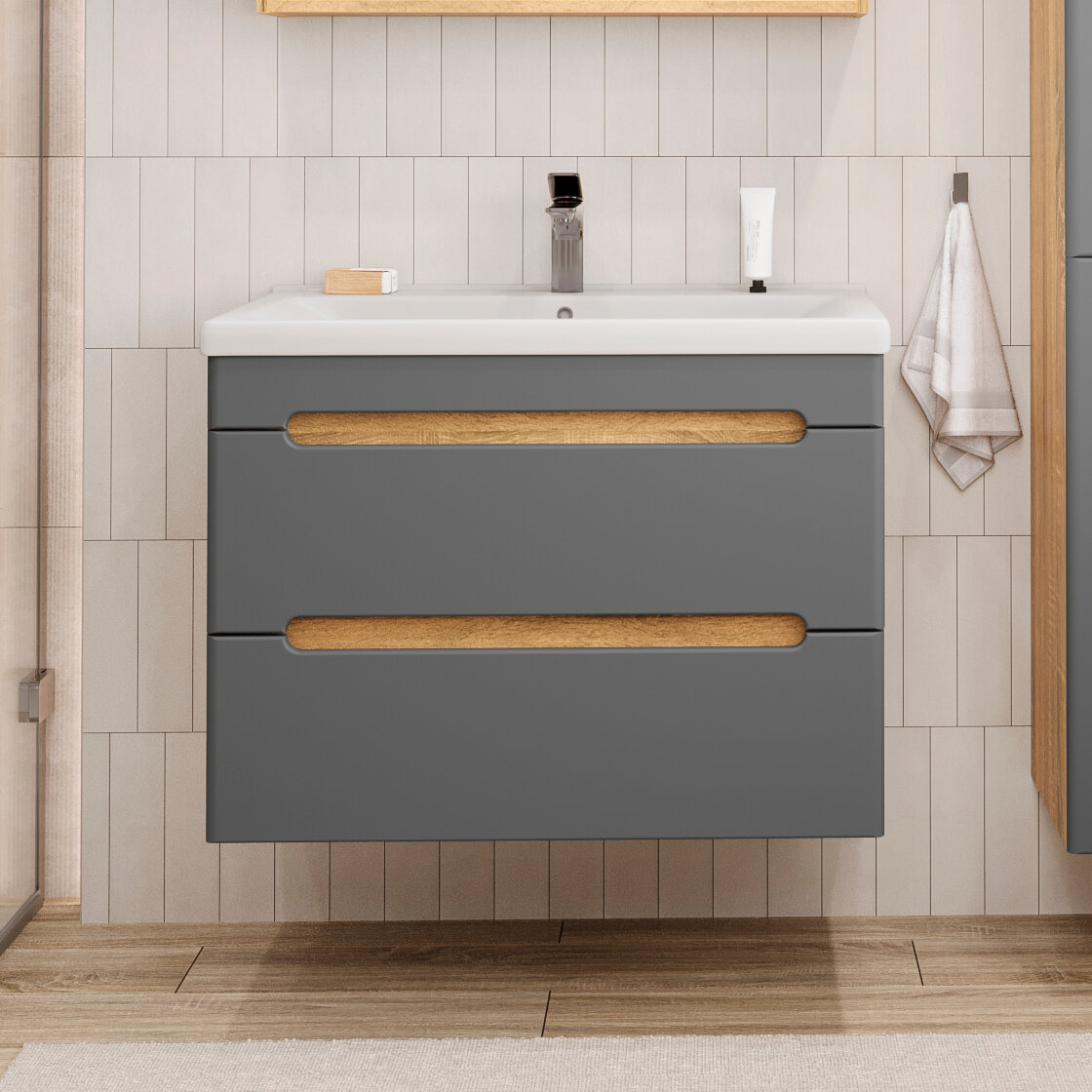 Тумба подвесная SanStar Diva 70 с раковиной Миранда 70 (комплект) для ванной комнаты, дуб вотан, графит софт